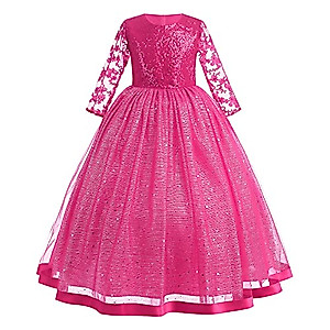 Floral Sequins Lace Princess Pageant 3/4 Sleeve Flower Girl Dress for Kids Junior Bridesmaid Wedding Puffy Party Wear Fall Formal Maxi Dance Evening Ball Gowns for Girls Sequins-Hot Pink 11-12 Years