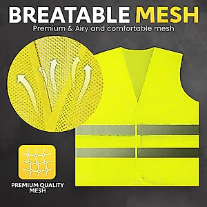 PeerBasics Safety Vests 10 Pack - Yellow Reflective High Visibility, Hi Vis Silver Strip, Men Women, Work, Cycling, Runner, Surveyor, Volunteer, Crossing Guard, Road, Construction, Neon (Mesh, 10)