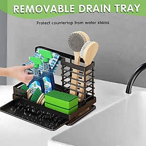 Sink Caddy, MCWMBB Kitchen Sink Organizer, Sponge Holder for Kitchen Sink with Removable Drain Pan,Kitchen Caddy Stainless Steel Sink Organizers for Soap/Bottles/Scrubber Brush/Dishcloth/Sponge(Black)