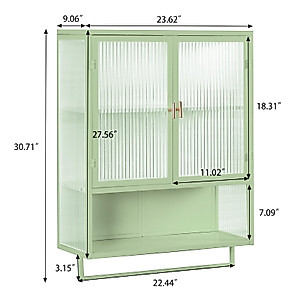 VKTO Bathroom Wall Cabinet with 2 Glass Door, Over The Toilet Storage Metal Hanging Cabinet with Towels Bar and Shelves, Medicine Cabinet for Bathroom Laundry Room Kitchen (Green)