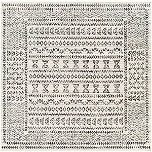 Greig Bohemian Farmhouse Living Room Bedroom Square Area Rug - Neutral Boho Carpet - Bordered - Off White, Black, Grey, Beige - 6'7" Square