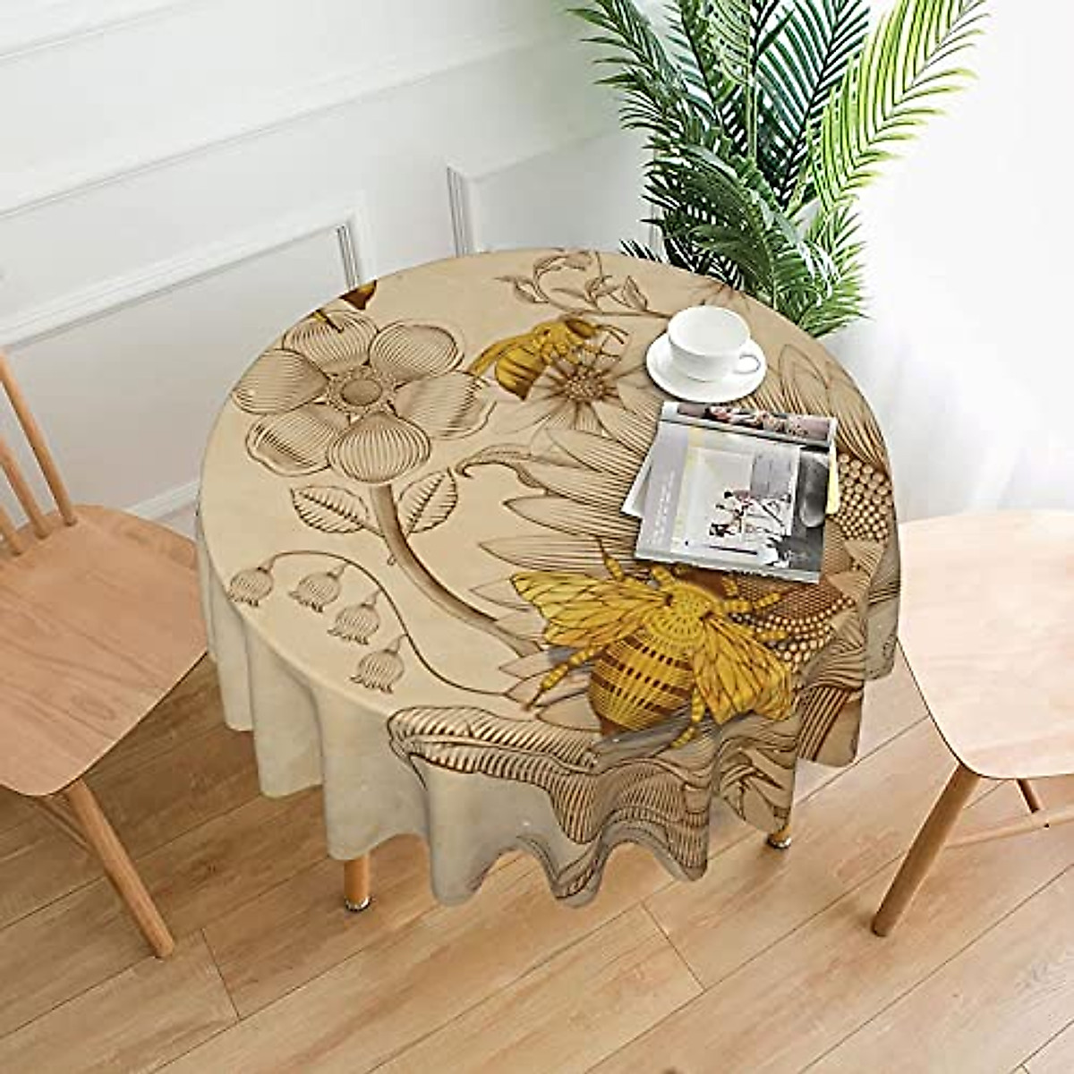 Vintage Bee Sunflower Tablecloth Round Washable Table Cover for Kitchen Dining Picnic Party Indoor Outdoor Table Mats 60 inch