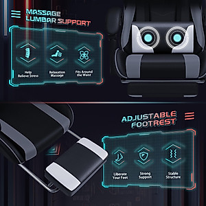 JUMMICO Gaming Chair Ergonomic Computer Chair with Footrest and Massage Lumbar Support, Height Adjustable Video Gaming Chair with 360° Swivel Seat and Headrest (White)