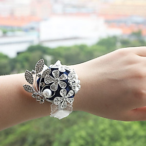 WANLIAN Wrist Corsage with Peal and Rhinestone Corsage and Boutonniere Set for Wedding,Prom,Party (Silver Navy Blue，2 Pieces)