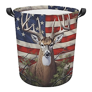 American Deer Flag Laundry Basket Hamper Bag Dirty Clothes Storage Bin Waterproof Foldable Toy Organizer for Bedroom Clothes Toys Basket