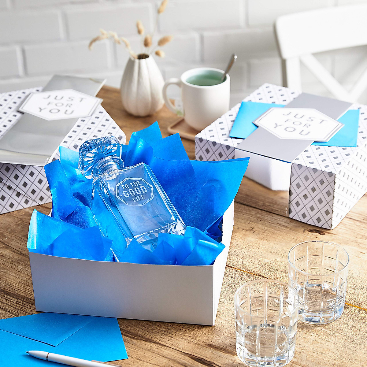 Hallmark 10" Large Gift Boxes with Wrap Bands (2-Pack: Silver and White, "Just For You") for Weddings, Graduations, Christmas, Valentine's Day, Birthdays