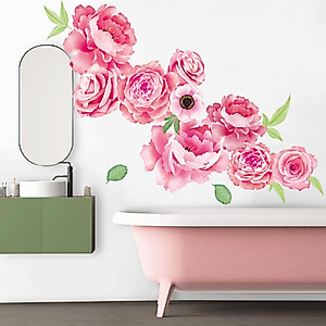 lemoncuter Peony Flower Wall Decals, Pink Floral Wall Decals Flower Wall Stickers Peel and Stick, Large Rose Flower Wall Decal for Walls Girls Bedroom Kids Living Room Nursery Classroom Decoration