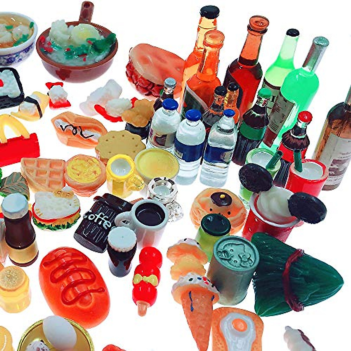 SIX VANKA Miniature Food Drinks Toys 110pcs Mixed Resin Pizza Hamburgers French Fries Wine Decoration Tableware Doll house for Adults Childrens Pretend Play Kitchen Cooking Game Birthday Party Present