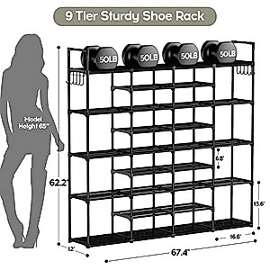 WEXCISE Large Shoe Rack Organizer 9 Tiers 4 Rows for 64-72 Pairs Shoe and Boots, Tall shoe storage Metal Shoe Organizer garage shoe storage Black for Entryway, Closet, Bedroom, Hallway