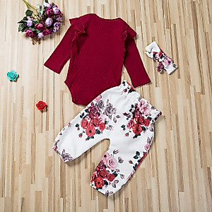 Kuriozud Newborn Infant Baby Girl Fall Winter Clothes Ruffle Ribbed Romper Tops Floral Pants Headband Outfit 2 Piece Set (red, 3-6 Months)