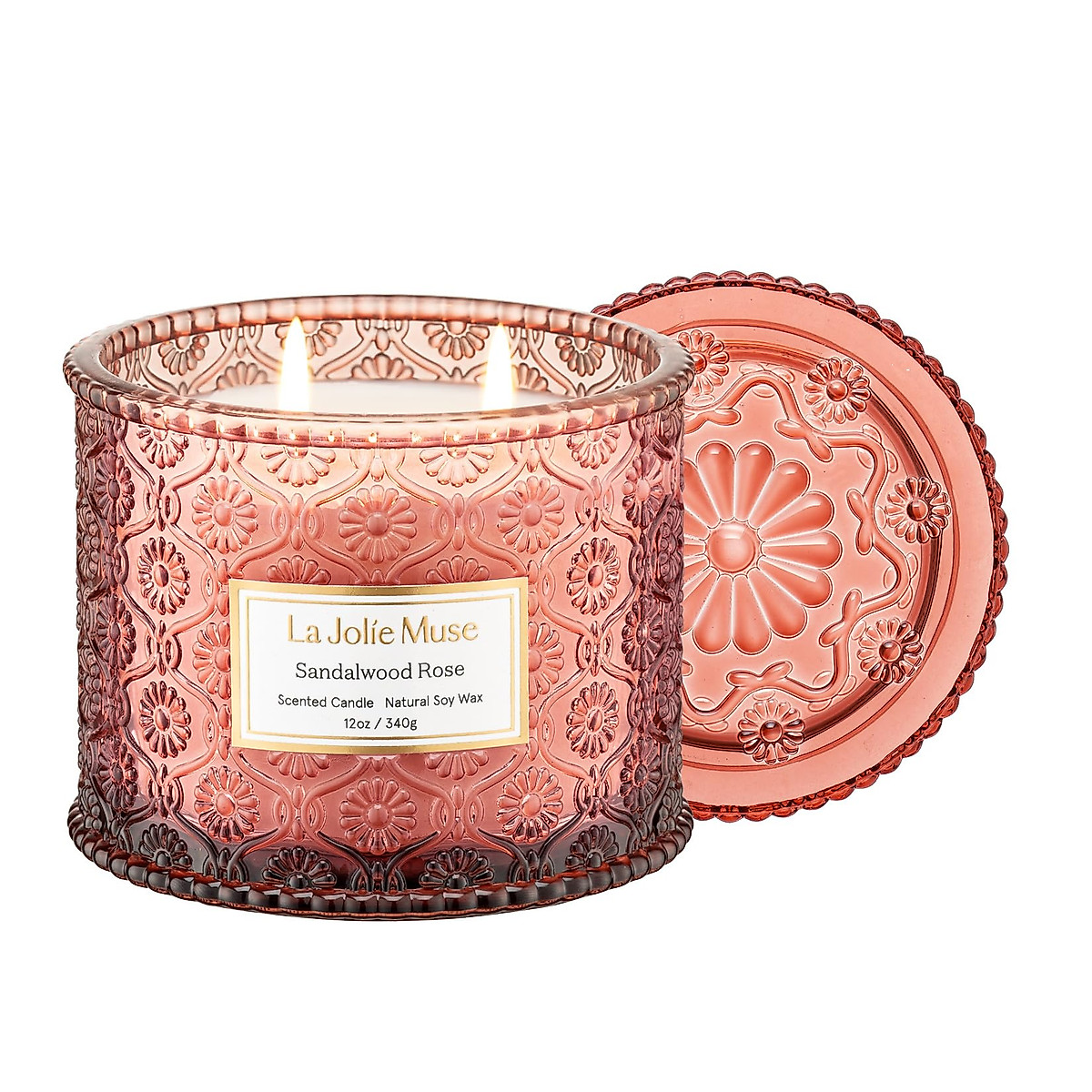 LA JOLIE MUSE Scented Candle, Sandalwood Rose Candle, Large 2-Wick Soy Candle for Aromatherapy, Candles Gifts, Long Burning Time, Candles for Home Scented, 12oz