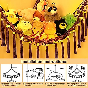 Razella Purple Stuffed Animal Net or Hammock with LED Light Net for Stuffed Animals Corner Plush Animal Storage Hammock for Wall Bedroom Living Boho Kids Room Decor