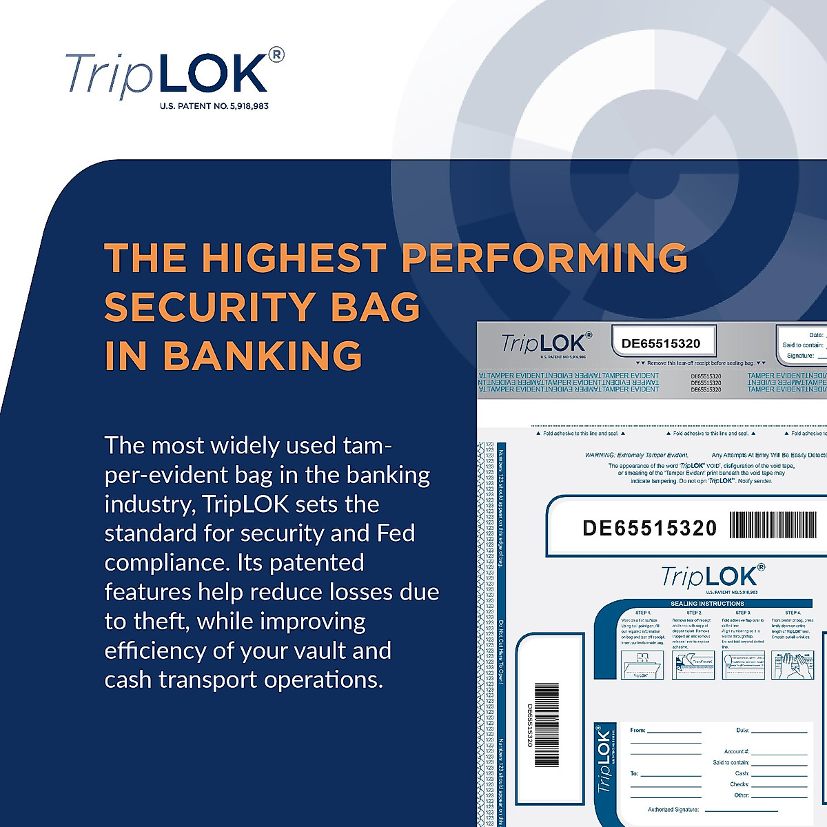 ControlTek TripLok 9" x 12", White with Pocket, 100 Bags, Tamper-Evident Deposit Bags for Cash Handling & Valuables, Moisture, Heat and Cold Sensitive Ink, Tear-off receipt + Large Barcodes 585036