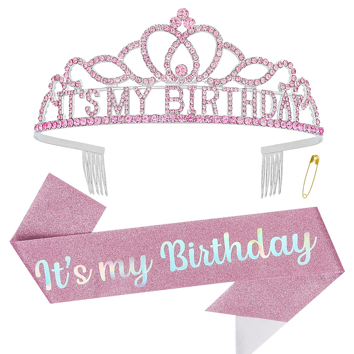 ACO-UINT Birthday Crown for Women, Pink Birthday Headband Birthday Sash It's My Birthday Crown, Birthday Girl Crown Birthday Tiara Birthday Decorations Birthday Gifts