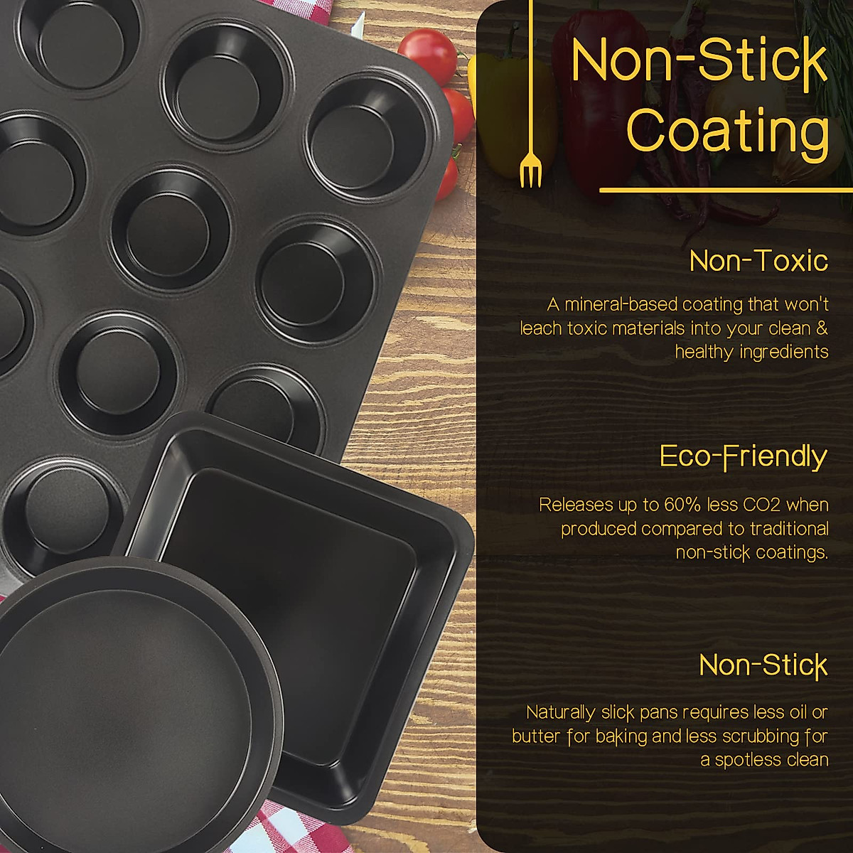 Baking Pans Sets Nonstick，5pcs Bakeware Sets with 12 Cup Cupcake Muffin pan,Round/Square Cake Pan, Muffin Pan, Loaf Pan, Roast Pan, Baking Sheets for Oven,Cookie Sheets for Baking,Toaster Oven Pans