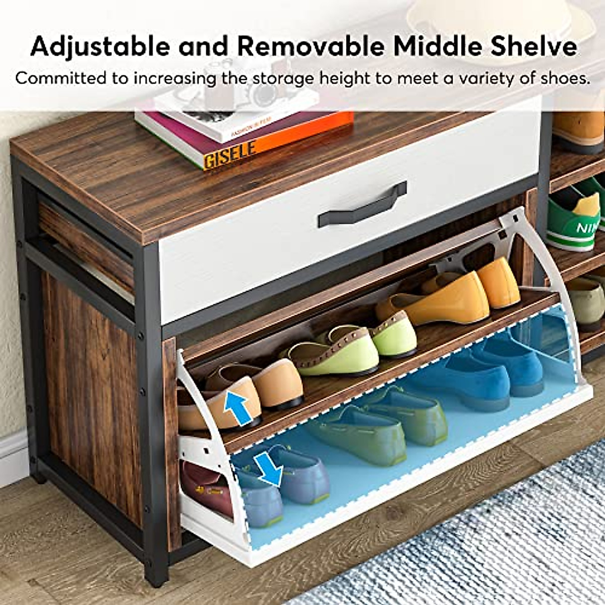 Tribesigns Flip Drawer Shoe Storage Bench, Hidden Shoe Cabinet with Drawer and 4 Tiers Shelves, 4 in 1 Tipping Bucket Shoe Storage Rack for Entryway, Hallway, Living Room, Rustic Brown & White