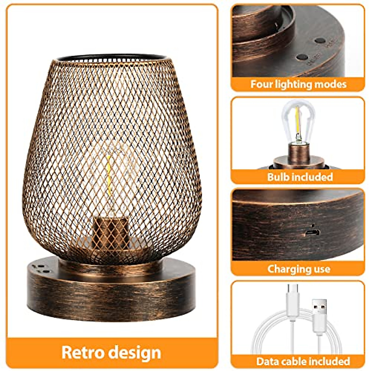 UBright Table Lamp Metal Cage LED Lantern Rechargeable with 4 Lighting Mode Cordless Lamp Decorative Light Outdoor Table Lamps for Patio Bedroom Living Room Indoors Outdoors (Bulb Included) (1 Pack)