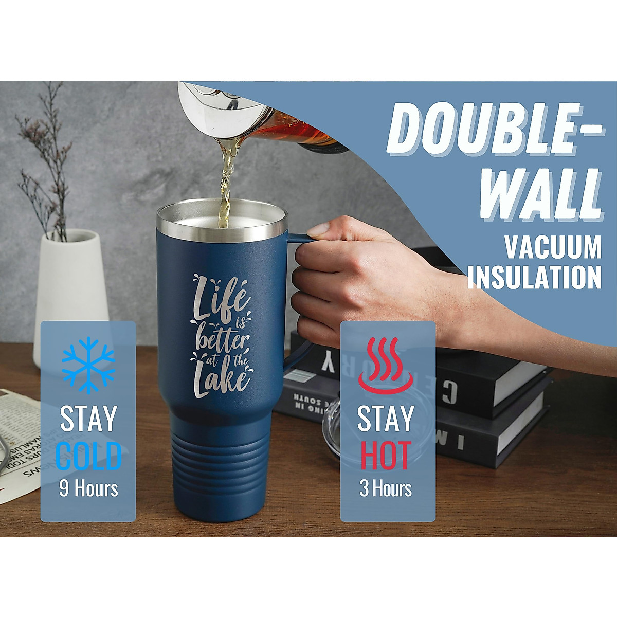 Onebttl Lake House Gifts, Lake Gifts for Women, Men, 40oz Insulated Travel Cup with Handle Lake Life Gifts, Housewarming Gifts for Lake House, Gifts for Lake Lovers, Blue - Life Is Better at the Lake