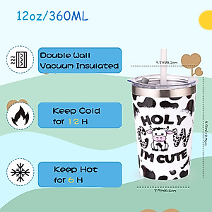 Cow Tumbler for Kids, 12 oz Cute Insulated Tumbler with Lid and Straw, Double Wall Stainless Steel, Toddler Sippy Cup For Boys & Girls Travel & Home, White
