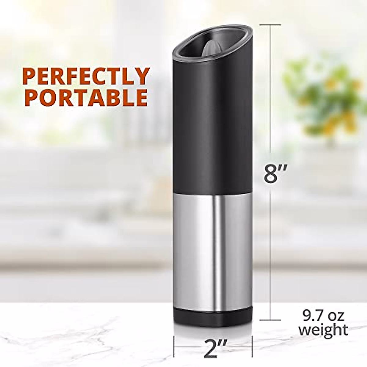 Mata1 Electric Spice Grinder (Black & Silver), Automatic Gravity Salt & Pepper Mill, Refillable w/Adjustable Coarseness, Stainless Steel Battery Operated Electronic Seasoning Grinder