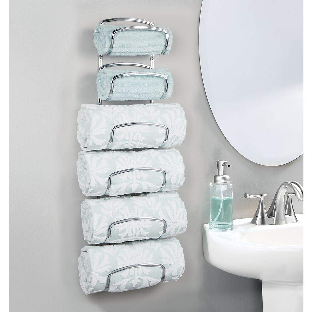 mDesign Metal Towel Shelves – Towel Rack for The Bathroom with 6 Compartments – Practical Bathroom Accessories for Both Large and Small Towels – Silver