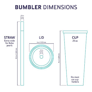 Stainless Steel Bubble Tea Cup - Bumbler 24oz Large Reusable Eco-Friendly Tumbler with Wide Soft Tip Metal Straw, Leak-Proof Lid - for Boba, Smoothies, Iced Coffee, Hot or Cold Drinks - Blue Eclipse