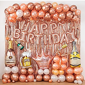 Rose Gold Birthday Party Background Decoration&Balloons Arch Kit,Crown,Rose Gold Happy Birthday Banner,Fringe Curtain,Balloon gift box,Sweet 16 18th 21st 30th Birthday for Women Girls