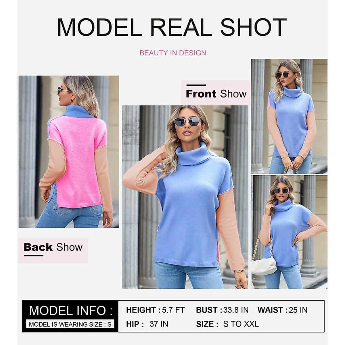 Dokotoo Sweaters for Women 2024 Winter Cowl Neck Side Split Oversized Pullover Tops Batwing Long Sleeve Color Block Knitted Sky Blue Sweater Pullover Tops XX-Large