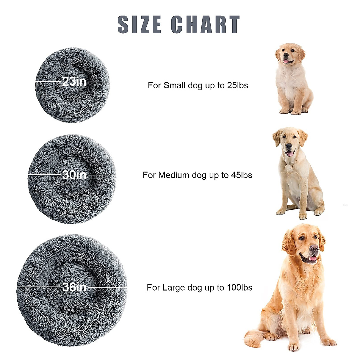 Calming Dog Bed Cat Bed, Washable Round Dog Bed - 23/30/36 inches Anti-Slip Faux Fur Donut Cuddler Cat Bed for Small Medium Large Dogs - Fits up to 25/45/100 lbs - Waterproof Bottom