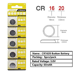 Cotchear 5Pcs CR1620 Coin Batteries 3V Electronic Button Lithium Battery Cell CR1620 DL1620 5009LC for Watch Toy Remote