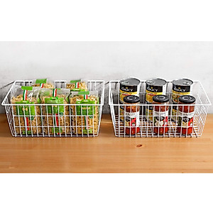 Redrubbit Wire Storage Baskets, Large Farmhouse Metal Freezer Basket Storage Organizer Bins with Handles for Kitchen Cabinets, Pantry, Closets, Bedrooms, Bathrooms, Set of 6, White