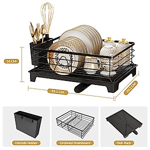 MAJALiS 304 Stainless Steel Dish Drying Rack for Kitchen Counter, 2 Tier Large Dish Draines, Dish Strainers with Drainboard Set, Dish Dryer Rack with Utensil Holder, Knife Holder (Black)