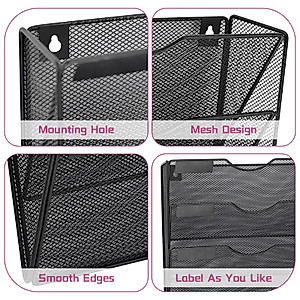ideallife 5 Pockets Mesh Wall File Holder Organizer Office Hanging File Folder Magazine Rack, Nametag Label Hooks Set Included, Black