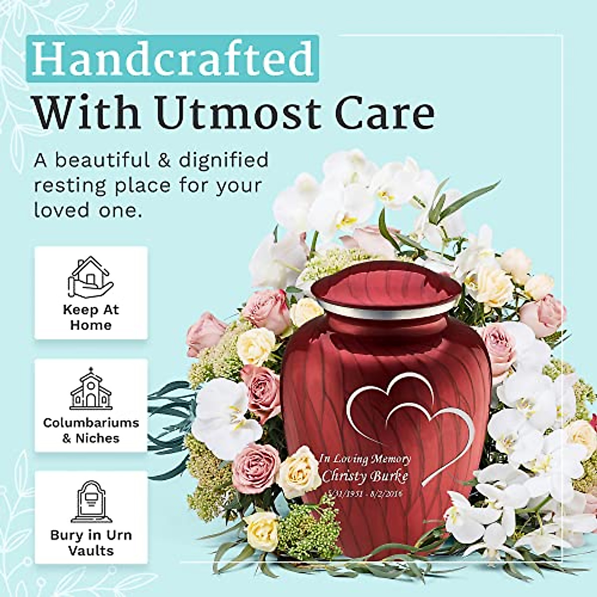 GetUrns - Embrace Hearts Urns for Human Ashes, Cremation Urns for Adult Ashes Men & Women, Cremation Urn for Home, Vault, or Niche, 200 cu. in, Double-Sided Engraving, Pearl Candy Red