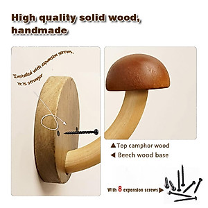 Auntzyj Wooden Mushroom Coat Hooks, Wall Mounted Towel Hanger, Solid Wood, Colorful, Set of Hooks with Screws (4 Hooks & 8 Screws)