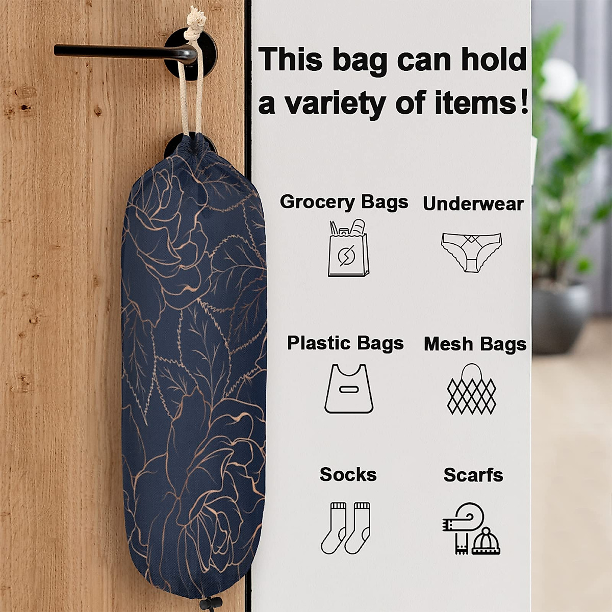 Abstract Floral Plastic Bag Holder, Art Rose Flower Grocery Bag Storage Holder Hanging Garbage Shopping Bag Trash Bags Organizer for Kitchen Home