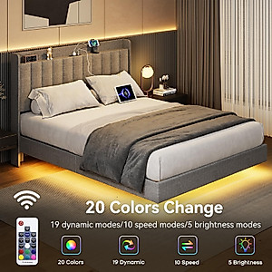 GarveeHome King Floating Bed Frame with Charging Station & Storage Headboard, Upholstered Platform King Size Bed Frame with LED Lights, Solid Wood Slats, Gray