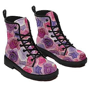 ipodry Boots for Women Alcohol Ink Floral Flower Pink Purple Rose Print Combat Boots Hiking Shoes Gifts for Woman Lady,US Size 9 Men/10.5 Women