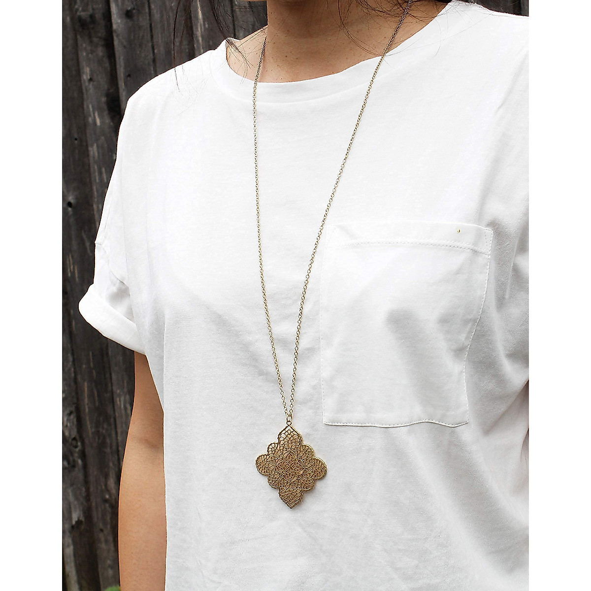 POMINA Gold Silver Geometric Filigree Pendent Long Necklace Casual Sweater Gold Chain Necklaces for women (Worn Gold)