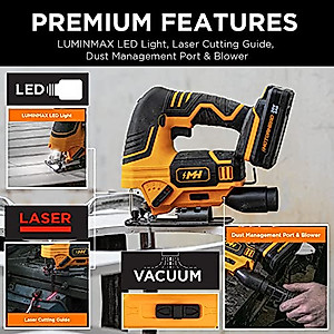 MOTORHEAD 20V ULTRA Cordless Jig Saw, Lithium-Ion, LED, Laser & Edge Guide, 0-45° Bevel, 80” Stroke, 2700 SPM, Variable Speed, Tool-Free Blade Change, 2Ah Battery, Charger, Bag, 3 Blades, USA-Based