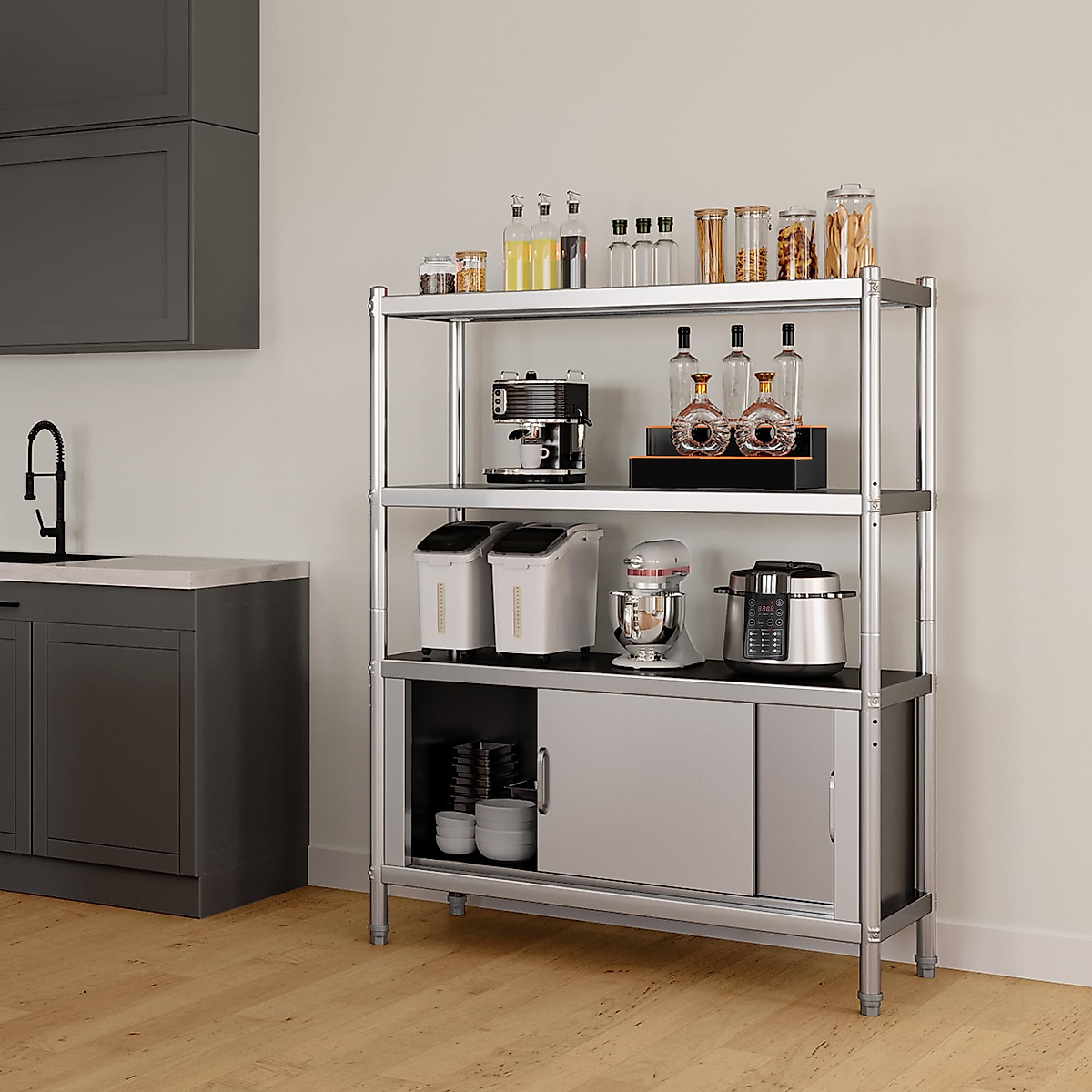 YITAHOME NSF Stainless Steel Shelves, 48"*18"*60" 4 Tier Storage Shelf with Cabinet, Heavy Duty Shelving for Kitchen Garage Office Restaurant Warehouse, 201 Bright Silver