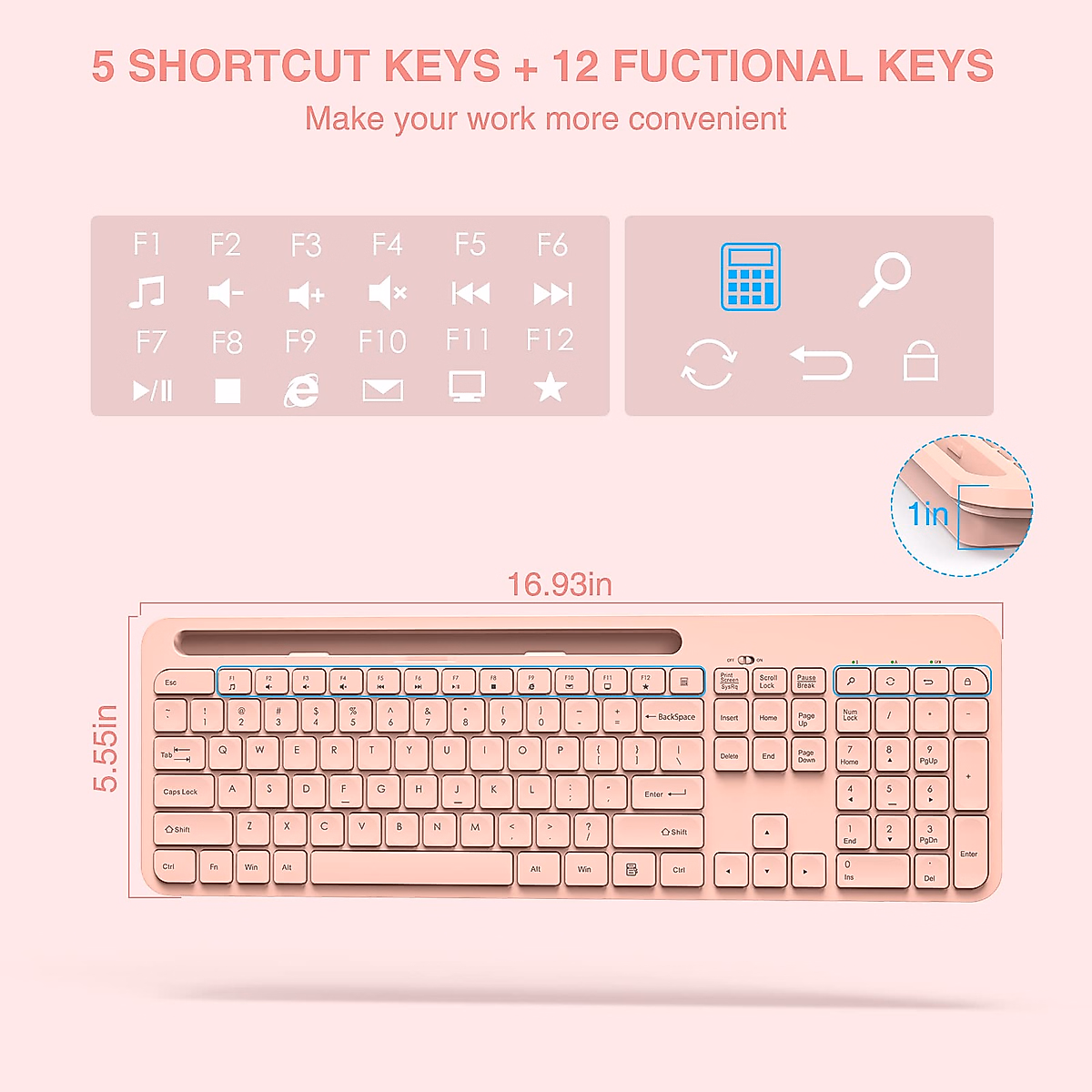 Wireless Keyboard and Mouse Combo, WisFox 2.4G USB Wireless Ergonomic with Phone Holder, Full-Size Keyboard and Mouse Set for Computer, Laptop and Desktop(Pink)