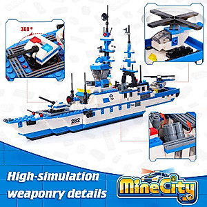 WishaLife 1169 Pieces City Police Station Building Kit, 6 in 1 Military Battleship Building Toy, with Police Cars, Boat, Airplane, Best STEM Construction Toy Gift for Boys and Girls 6-12