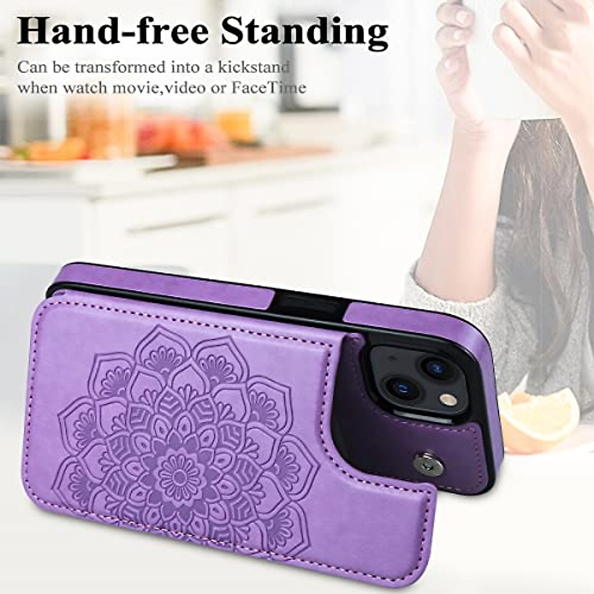 MMHUO for iPhone 14 Plus Case with Card Holder, Flower Magnetic Back Flip Case for iPhone 14 Plus Wallet Case for Women, Protective Case Phone Case for iPhone 14 Plus,Purple