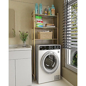 Homhedy Over The Toilet Storage, Metal 3-Tier Over-The-Toilet Bathroom Organizer Rack, Tempered Glass Shelves, Space-Saving, for Bathroom, Restroom, Laundry, Modern Style, Golden