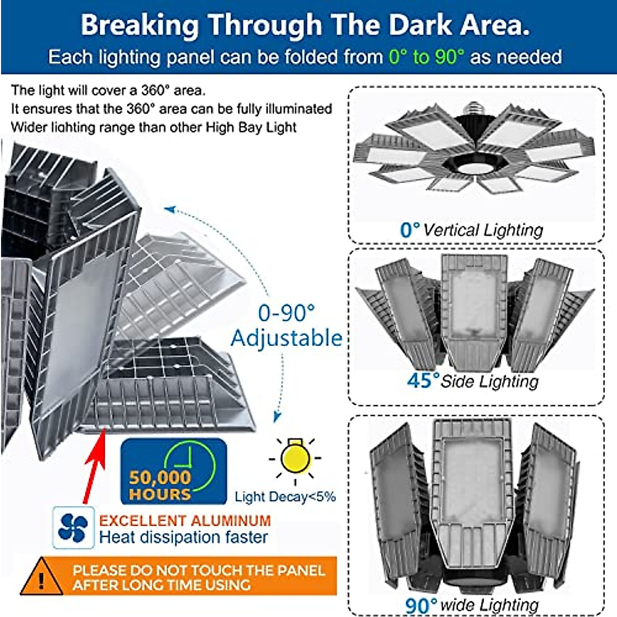 CODAFUL LED High Bay Light 8 Panels 300W LED Garage Lights with US Plug 5ft Cable 85-277V, Light for Wet Location Warehouse Residential Barn Factory Workshop, Shop Lighting (250W-1Pack, Silvery)