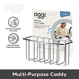 Oggi Metal Suction Sink Caddy- Kitchen Brush, Bar Soap, or Sponge Holder for Kitchen Sink, Great Kitchen Sink Organizer for Sink Accessories, 6˝ x 2.5˝ x 2.75˝, Silver