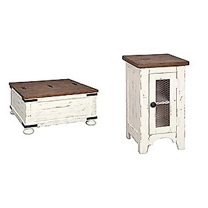 Signature Design by Ashley Wystfield Farmhouse Square Storage Coffee Table with Hinged Lift Top, Distressed White and Chair Side End Table with Cabinet Door for Storage, White & Brown