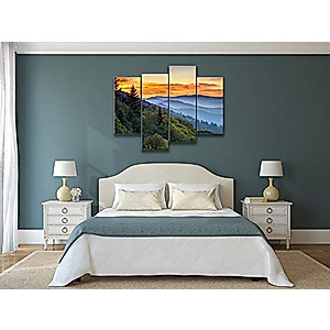 Great Smoky Mountains National Park Scenic Sunrise Landscape at Oconaluftee Canvas Wall Art Hanging Paintings Modern Artwork Abstract Picture Prints Home Decoration Gift Unique Designed Framed 4 panel