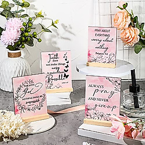 4 Pieces Inspirational Quotes Desk Decor Christian Home Decors Pink Motivational Bible Wood Block Plaque Table Signs Decorative Table Sign Centerpiece for Women Desk Office Decor Gift for Girls